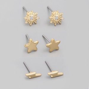 Jewelry | Stud Earrings Set Gold Sun Star Lightning Bolt | Poshmark